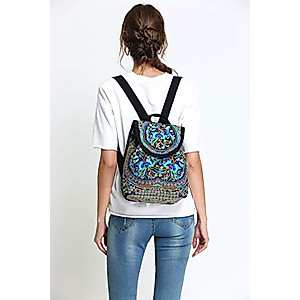 MAZEXY Handmade Embroidered Backpack for Women, Boho Shoulder Bag Vintage Ethnic Flower Cross-body Bag (Blue)