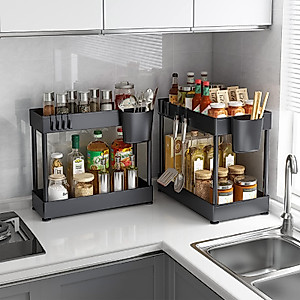 Fixwal 2pcs Under Sink Organizers and Storage, 2 Tier Under Bathroom Cabinet Storage with 8 Hooks and 2 Baskets, Multi-purpose Under Sink Shelf Organizer for Home Kitchen Bathroom (Black)