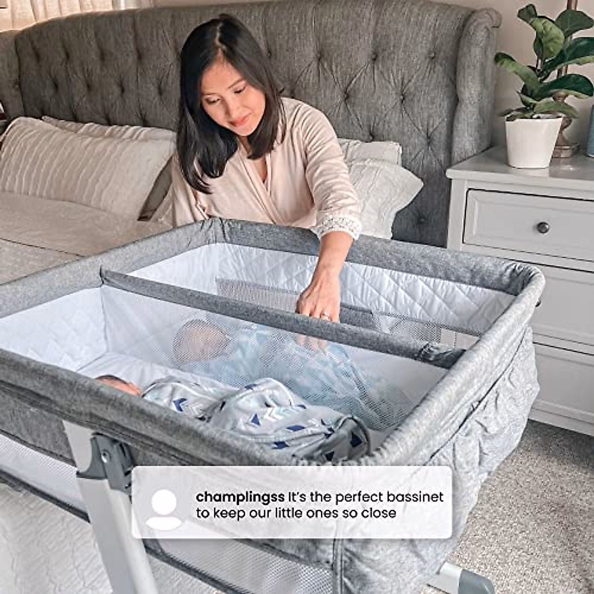 Simmons Kids By The Bed City Sleeper Bassinet for Twins - Adjustable Height Portable Crib with Wheels & Airflow Mesh, Grey Tweed