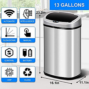 Kitchen Trash Can Stainless Steel Garbage Trash Can 13 Gallon / 50L Automatic Touch Free High-Capacity Garbage Can with Lid Home Bathroom Office Restroom Brushed Large Dustbin,Silver