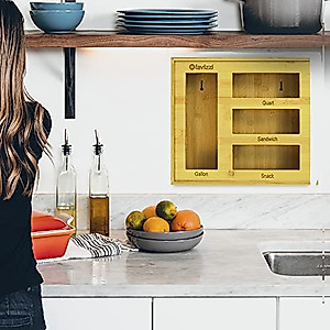 Favizzi Drawer Storage Organizer for Ziploc Bags, Premium Bamboo Kitchen Drawer Bags Organizer and Dispenser, Fits Gallon, Quart, Sandwich and Snack Bags