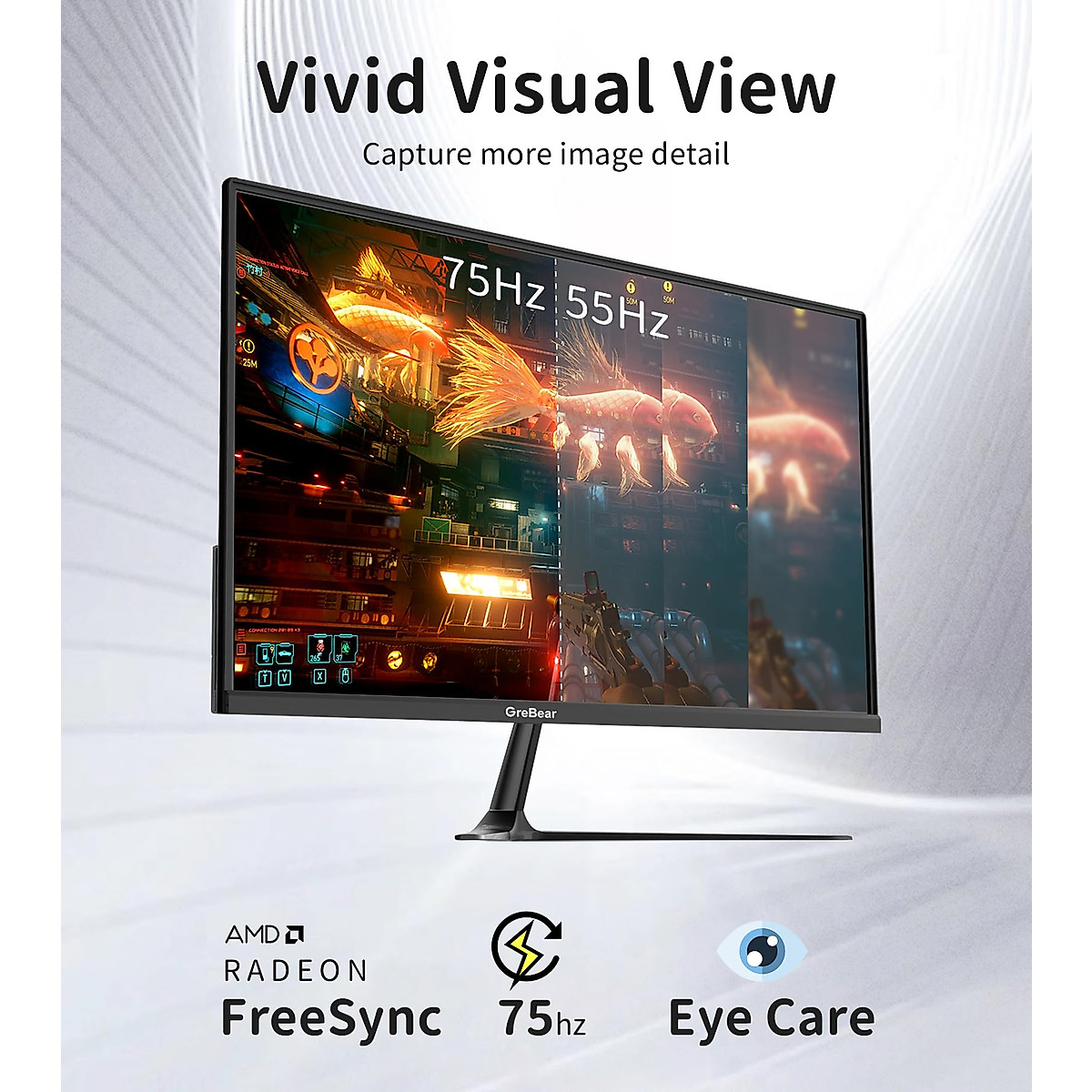 GreBear 24 Inch Computer Monitor 75Hz FHD IPS Screen 1080P PC Monitor, 5ms(GTG) 99% sRGB Low Blue Light Anti-Glare LED Desktop Display HDMI/VGA/Audio/Freesync/VESA Tilt Adjustable