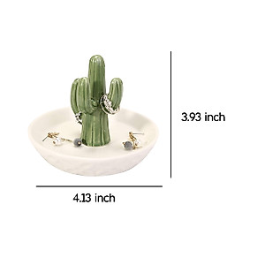 HOME SMILE Ceramic Cactus Ring Holder with Derorative White Dish for Jewelry,Christmas Birthday Gifts for Women