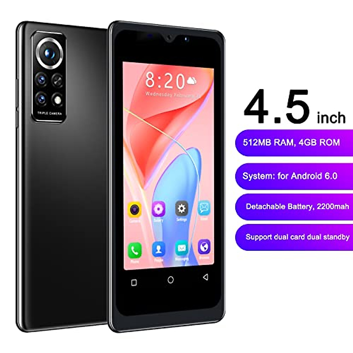 Smartphone, 4.5inch HD Screen Dual SIM Card 512MB RAM 4GB ROM 3G Unlocked Cell Phone for Android 6.0, 2MP Front Camera 2MP Rear Camera, 2200mah Detachable Battery(US Plug)