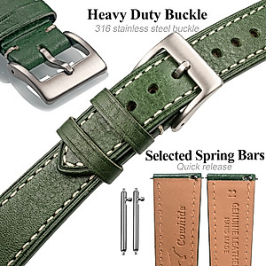 torbollo 22mm Leather Watch Bands, Quick Release Soft Green Watch Strap for Men Genuine Leather Replacement Wrap