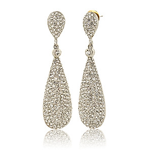 Moonstruck Costume Jewelry Diamond Studded Metal Drop and Dangle Crystal Teardrop Earrings for Women Wedding Party(Silver)