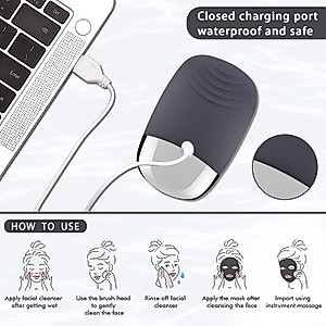 Facial Cleansing Brush, 3-in-1 Electric Silicone Face Scrubber, Vibrating Massager, IPX7 Waterproof, USB Rechargeble Brush for Deep Cleanning, Blackhead Remover, Exfoliating (Gray)