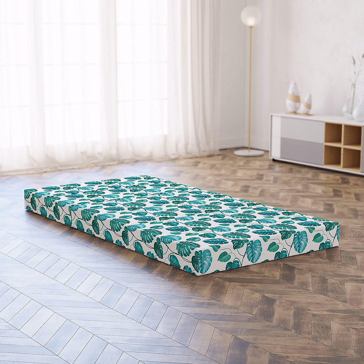 Ambesonne Green Leaf Foldable Mattress, Rainforest Jungle Leaf, 74.8" x 39.4", Sea Green White Teal
