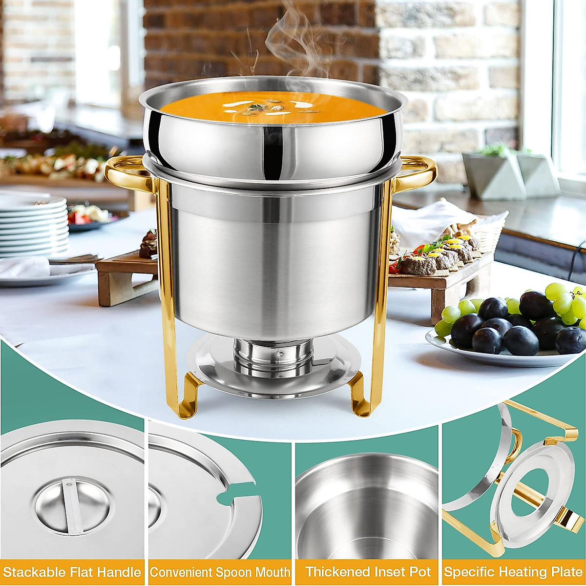 Restlrious Soup Chafer 7 QT Stainless Steel Round Soup Warmer, Large Marmite Soup Chafer with Pot Lid and Fuel Holder in Gold Accent, for Catering Parties Events Banquets, Commercial Grade 2 Pack