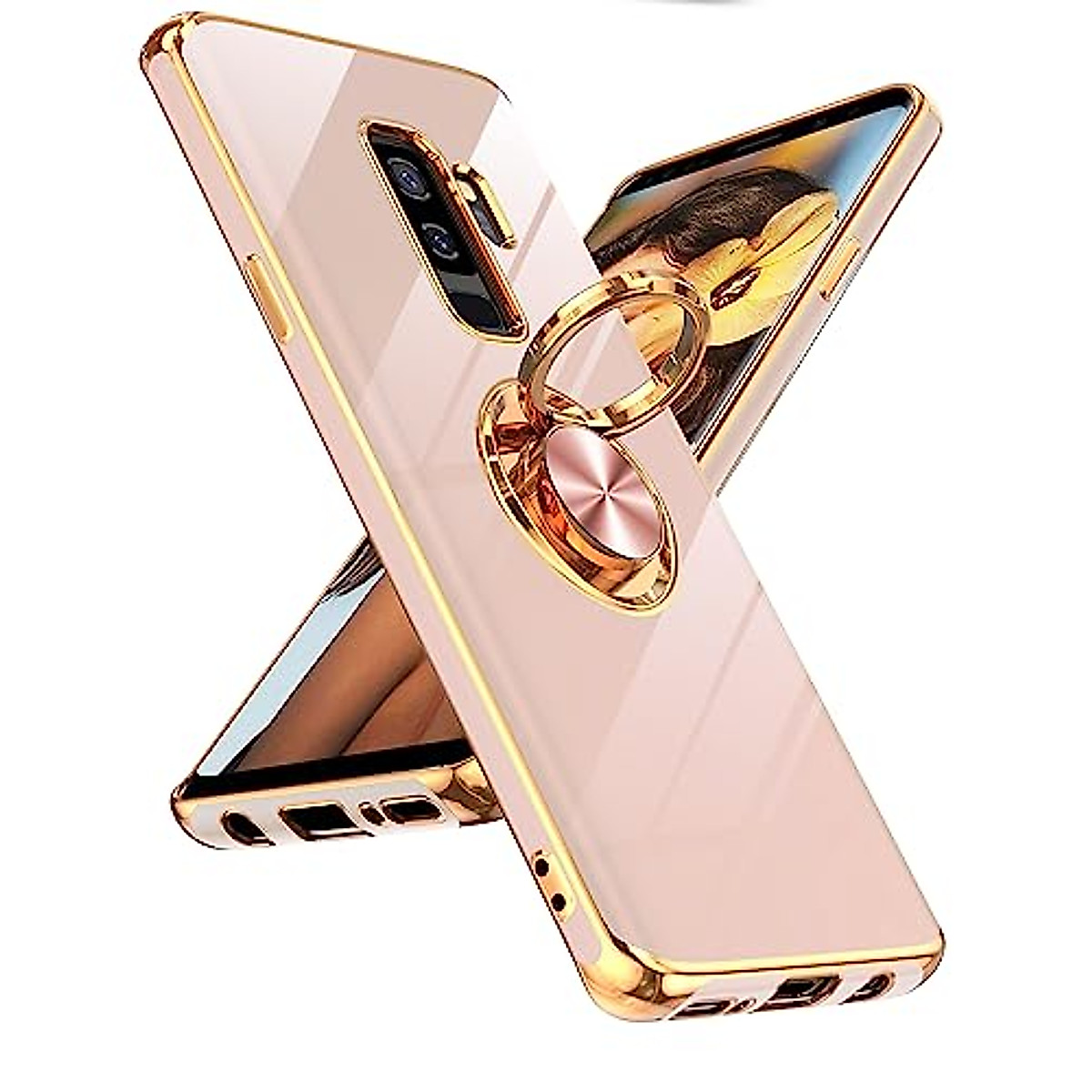 LeYi for Samsung Galaxy S9 Plus Case: 360° Rotatable Ring Holder Magnetic Kickstand [ Not Applicable Samsung S9 ], Plating Rose Gold Edge Protective Case, Pink