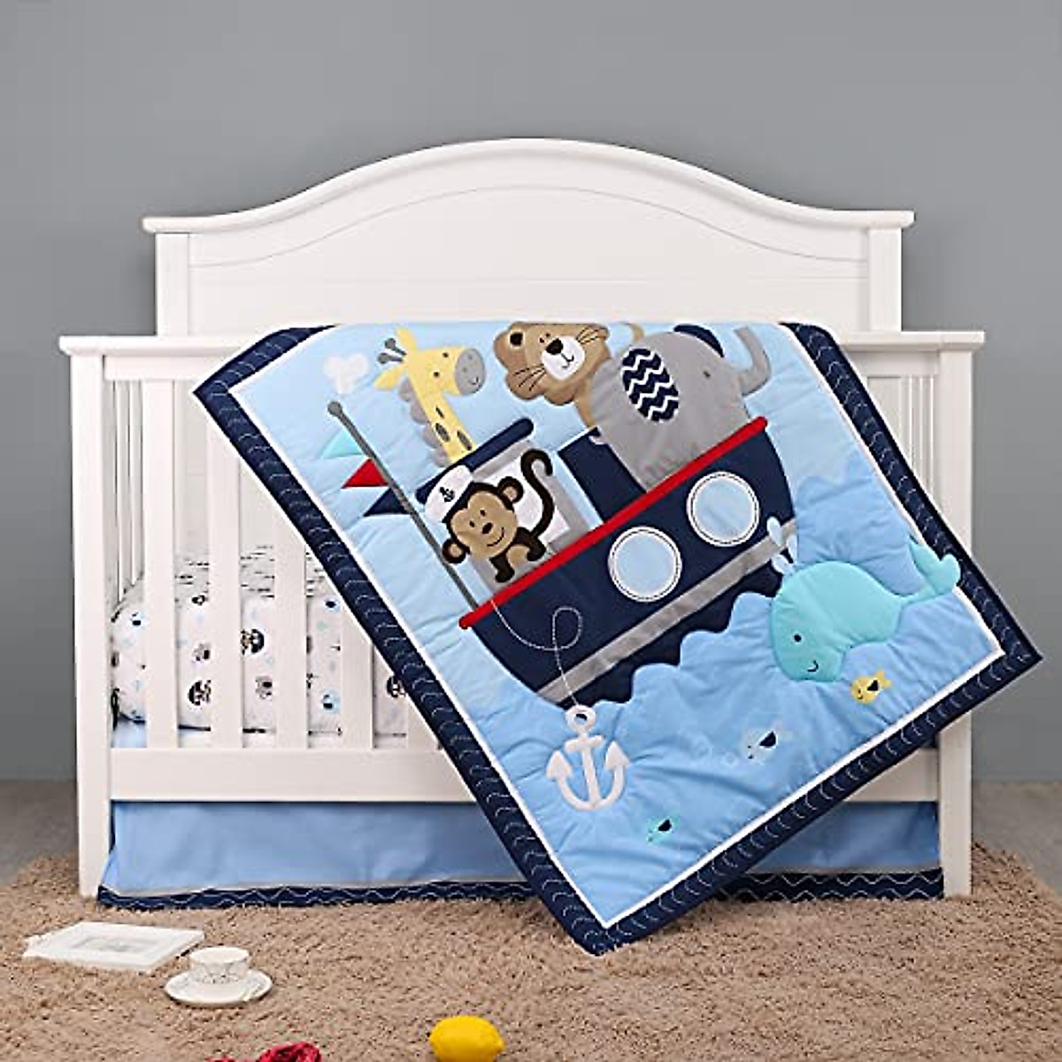 Brandream Crib Bedding Sets for Boys Nautical Coastal Baby Boys Bedding Ocean Whale Monkey Giraffe Elephant Nursery Bedding Sets - Adventure Themed