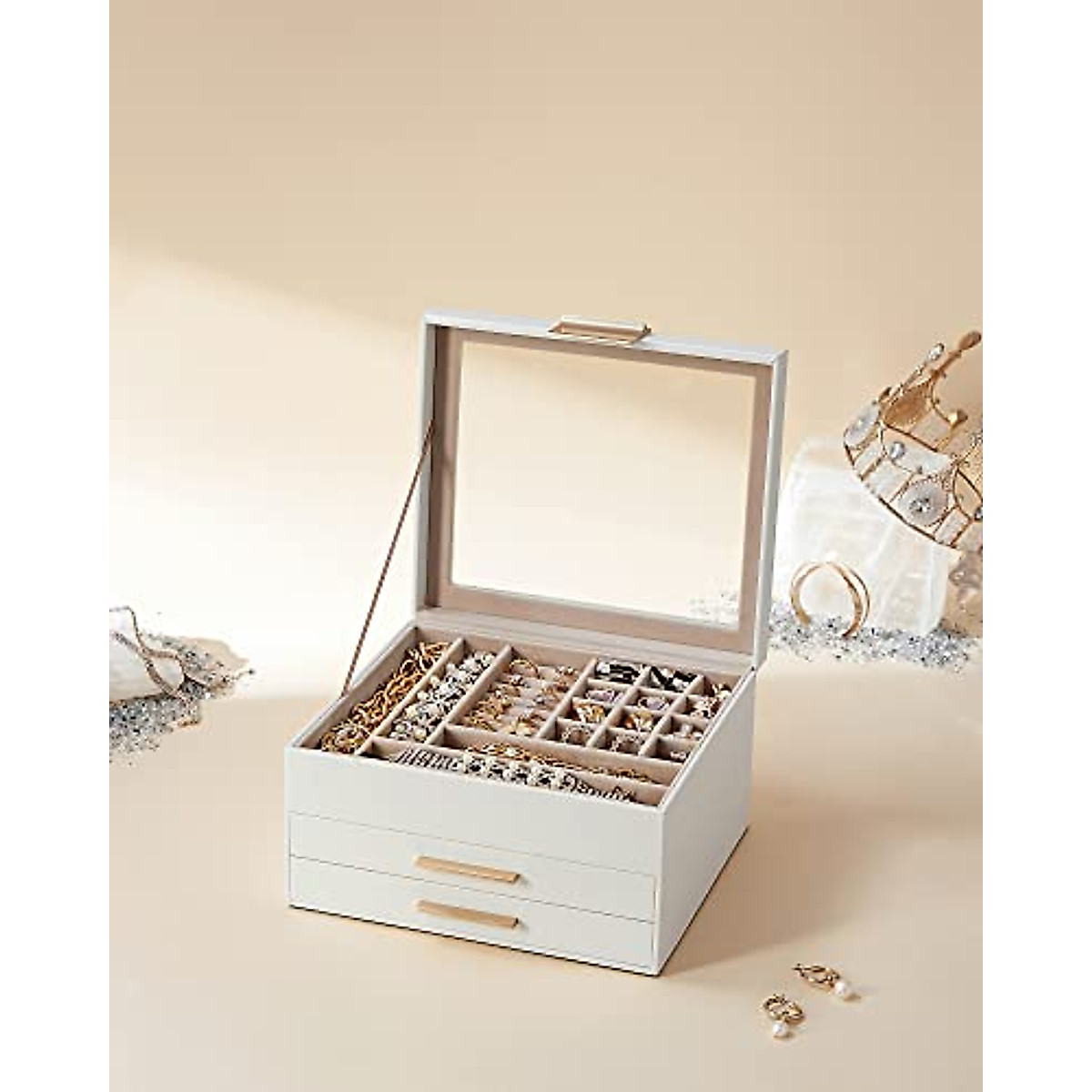 SONGMICS Jewelry Box with Glass Lid, 3-Layer Jewelry Organizer, 2 Drawers, Jewelry Storage, Lots of Storage Space, Modern, Gift Idea, 8 x 9.1 x 5.3 Inches, Cloud White and Gold Color UJBC239WT