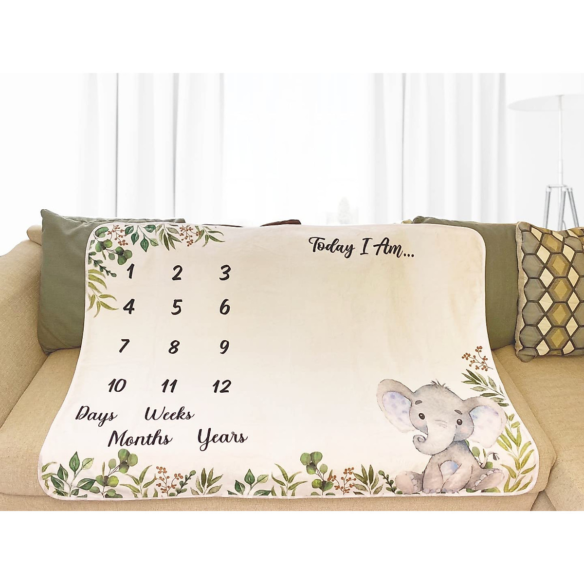 Baby Milestone Blanket, 60"x40", Baby Month Blanket for Unisex Babys, First Year Calendar Monthly Growth Chart, (Light Gray Elephant)