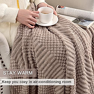 lifein Tan Throw Blanket for Couch-Soft Knitted Farmhouse Boho Throws,Cozy Knit Small Lightweight Blankets&Throws with Tassels for Bed,Chair,Sofa,Room,Home Decor,Spring (Light Khaki/Tan,50 * 60in)