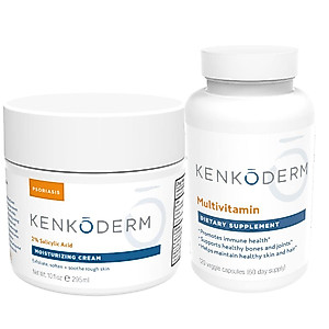 Kenkoderm Psoriasis Moisturizing Cream & Multivitamin Skin Care Bundle, Moisturizing Cream with Salicylic Acid, 10 oz & Multivitamin with Omega 3 & Vitamin D, Immune Support Supplement, 120 Capsules