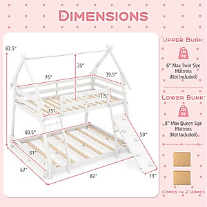 Costzon Twin Over Queen Bunk Bed, House Shaped Bed Frame with Climbing Nets and Ramp, Safety Guardrail, No Box Spring Needed, Wooden Kids Bed for Boys Girls (White, Twin Over Queen)