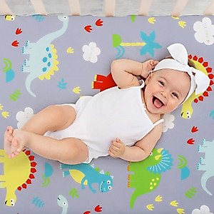 JISEN Baby Crib Sheets 2 Piece Portable Fitted Crib Sheet for Standard Crib and Toddler Mattresses Nursery Bed Decor for Boys Girls 28x52 Inch Grey/Black Dinosaurs