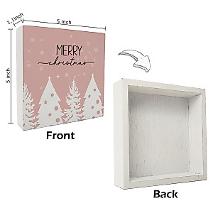 kunlisa Pink Christmas Wooden Box Signs,Pink Christmas Sign,Pink Christmas Decorations,Christmas Tree Sign,Merry Christmas Sign,Christmas Signs for Home Decor 5x5 Inch