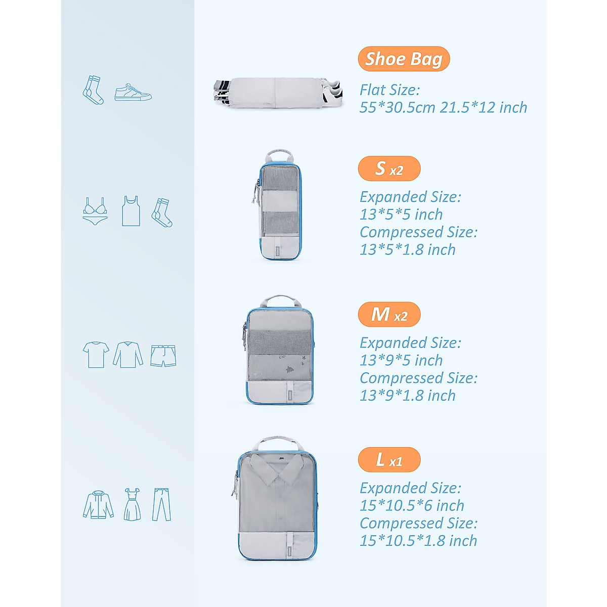 BAGSMART 6 Set Compression Packing Cubes for Travel, Lightweight Vacation Travel Essentials, Travel Accessories for Suitcase Organizer Bags Set, Durable Luggage Organizer Travel Bags