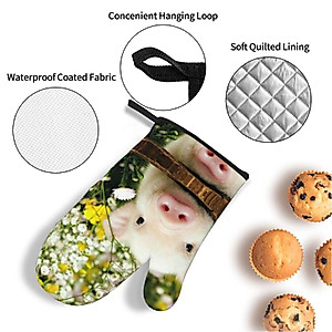 Rape Flower Pig Extra Long Oven Gloves and Hot Pads Set 4pcs for Cooking and Baking with Pockets