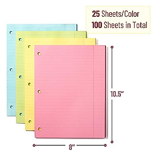 Mr. Pen- Colored Loose Leaf Paper Wide Ruled, 100 Sheets, 8” x 10.5”, 3- Hole Punched, Notebook Paper, Lined Paper, Binder Paper, Writing Paper, Filler Paper, Wide Ruled Notebook Paper