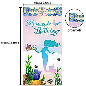 Mermaid Happy Birthday Banner Backdrop Background Castle Tropical Fish Scales Under The Sea Theme Decorations Decor for Girls Princess Daughter 1st Birthday Party Baby Shower Flag Supplies Favors