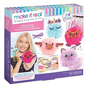 Make It Real DIY Cuddle Mob Kit - Create 4 Adorable Pom Pom Characters with 36 Pieces - All-in-One Arts & Crafts Set for Tweens & Girls - Fun, Skill-Building Craft for Kids Ages 8+ Creative Gift