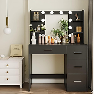 Irontar Vanity Desk, Makeup Vanity with 10 LED Lights and 4 Drawers, Brightness Adjustable, Dressing Table with 6 Shelves, Vanity Table for Women, Black WDT003B