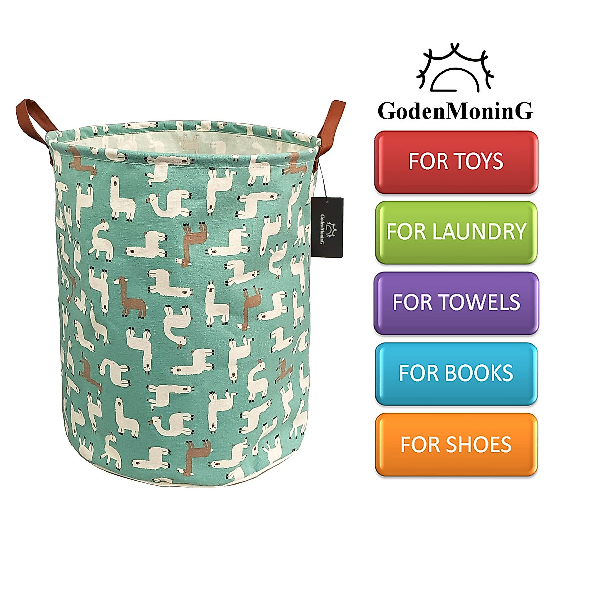 Collapsible Laundry Basket - GodenMoninG 62.8L Large Sized Round Waterproof Storage Bin with Handles,Home Decor,Toy Organizer,Children Nursery Hamper. (Teal Alpaca)