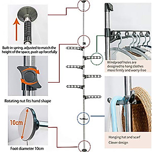 Hershii Adjustable Laundry Pole Corner Clothes Garment Drying Rack Hat Hanger Coat Tree Floor to Ceiling Tension Shelf Storage Organizer with 5 Arms and 1 Hook - Grey