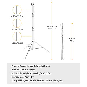Meking Stainless Steel Light Stand 9.2 Ft Max Height Adjustable Heavy Duty Tripod Stand for Photo Studio Video Softbox, Monolight, Reflector, Umbrella, etc.
