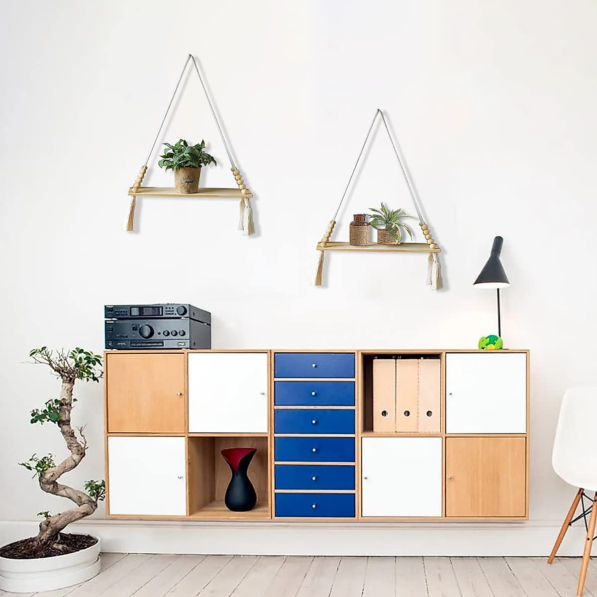 Artilady 2 Pack Wooden Wall Hanging Shelves - Macrame Hanging Plant Shelf with Tassel,Boho Storage Floating Shelves Handmade Rustic Hanger Planter Rack Pot Stand Holder (2 Tassel)