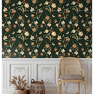 Dimoon 78.7"x16.1" Floral Wallpaper Peel and Stick Dark Green Contact Paper Golden Thicken Waterproof Leaf Flower Vintage Self Adhesive Removable Wallpaper for Bedroom Shelf Liner Decal Vinyl Roll