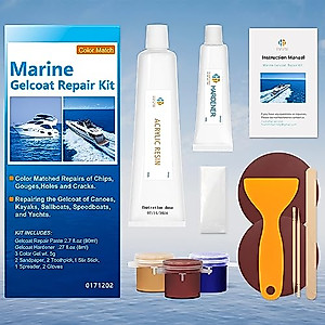 Gel Coat Repair Kit for Boats (Color Match), Fiberglass Boat Repair Kit,Marine Fiberglass Repair Kit,Premium Marine Gelcoat Epoxy Filler,Repair Chips Cracks Pits Holes for Gelcoat Porcelain Fiberglass