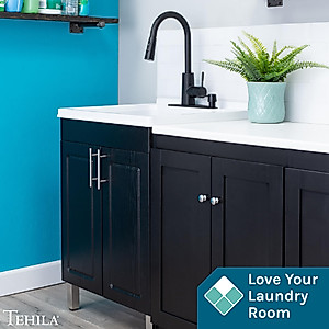 JS Jackson Supplies Black Utility Sink Vanity Cabinet with White Laundry Tub, Black High-Arc Pull-Down Sprayer Faucet for Laundry Room, Mudroom, Basement