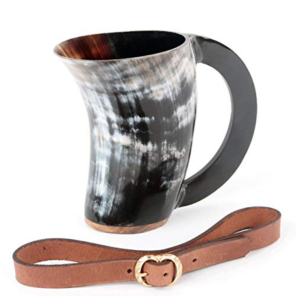Mythrojan Hot Horn Mug Tankard with Leather Strap Safely Holds Hot and Cold Liquids Coffee Hot Chocolate Wine Beer Mead 300ML