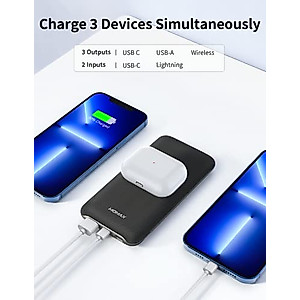 MOMAX Wireless Portable Charger, 10000mAh MFi Power Bank Lightning Input 20W PD QC 3.0 USB C External Battery Pack 2 Input & 3 Output Phone Charger for iPhone, Airpods, Samsung, Android (Dark Grey)