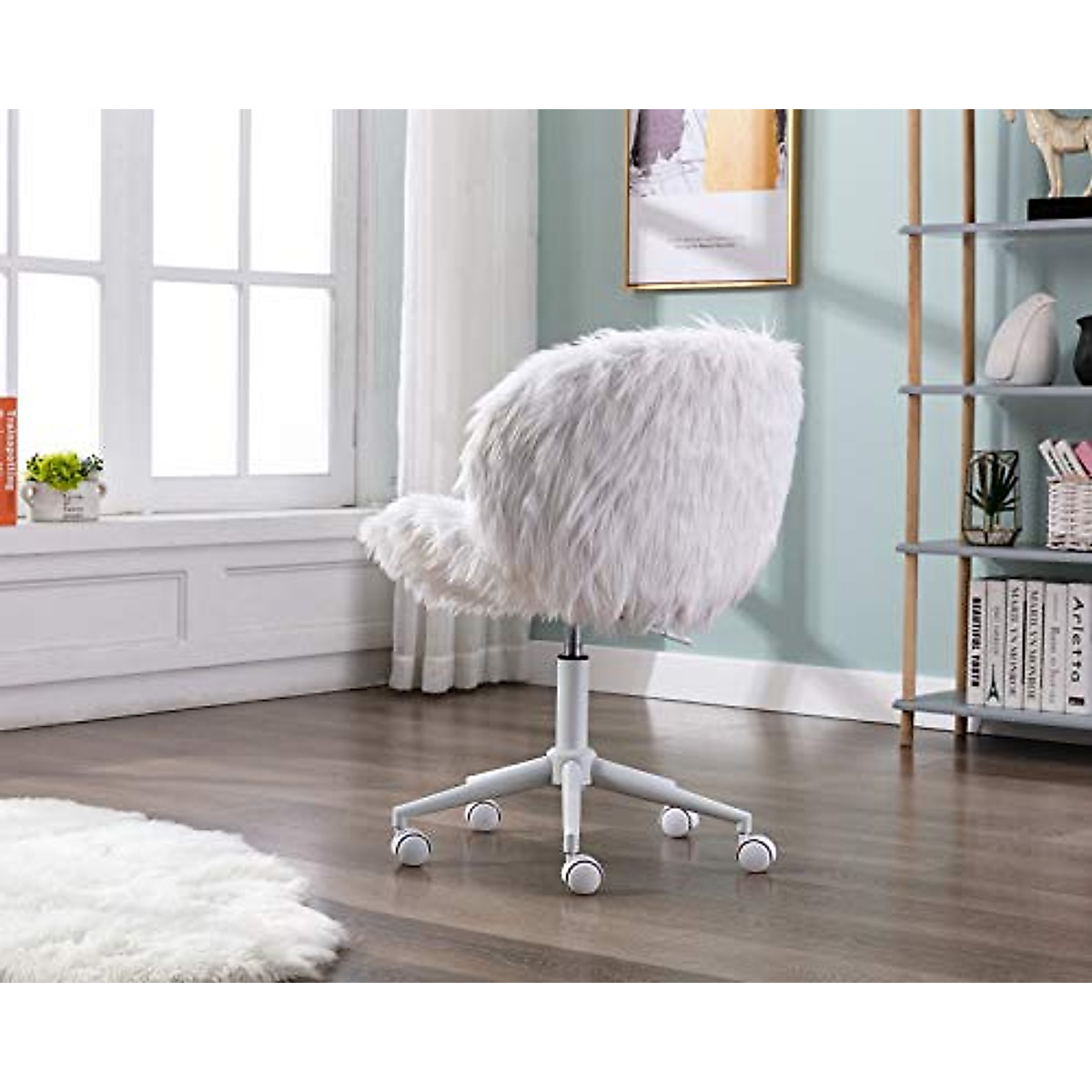 White Vanity Chair Faux Fur Swivel Desk Chair Cute Fluffy Armless Office Chair Rolling Makeup Chairs for Teens Bedroom Study Room, Height Adjustable