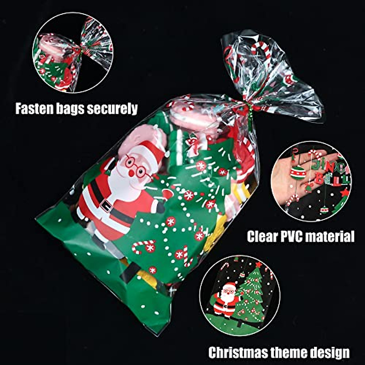 Moretoes Christmas Cellophane Bags 168Pcs Candy Treat Bags with 180Pcs Twist Ties 8 Assorted Styles Candy Bags Santa Claus & Gnome Pattern Snack Goodie Bag for Party Supplies
