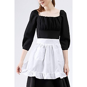 LilMents Twin Pack Retro Kitchen Ruffles Waist Apron with Pockets (White)