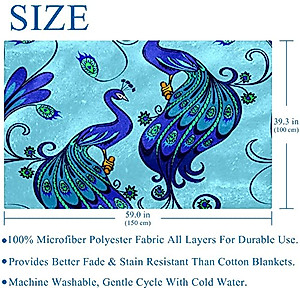 Plush Blanket Throw Blanket Warm Cozy Soft Microfiber Blankets, Blue Peacock Cartoon Retro Pattern