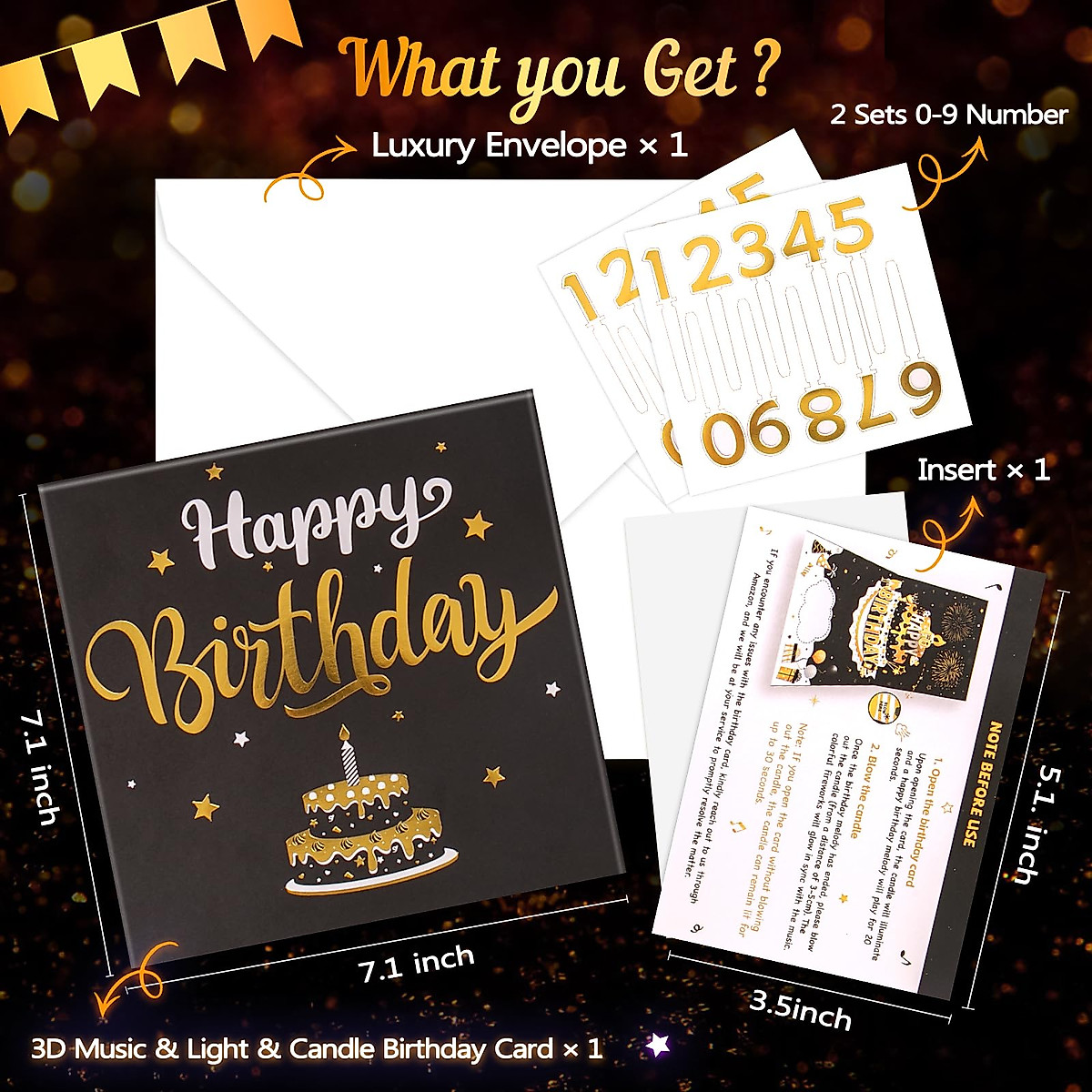 INPHER DIY Age Birthday Cards Fireworks Pop Up Cake Light and Music Black and Gold Happy Birthday Card Gift for Husband, Men, Women, Mom, Grandma