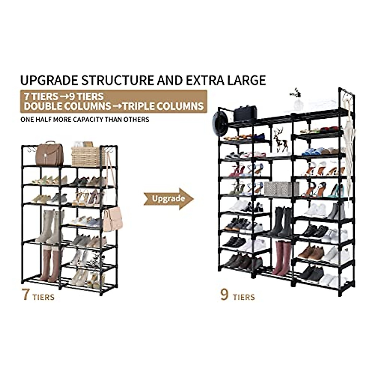 WOWLIVE 9 Tiers Large Shoe Rack Shoe Storage Shoe Organizer 50-55 Pairs Shoe Tower Unit Shelf Durable Metal Pipes with Plastic Connectors Stackable Shoe Cabinet Black(SSS3B9)