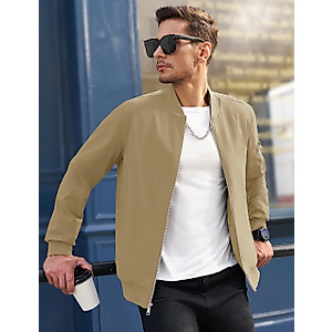 MAGCOMSEN Bomber Jacket Men Light Spring Jackets Lightweight Bomber Jacket Zip Up Light Coat with Pocket Casual Jacket Khaki,L