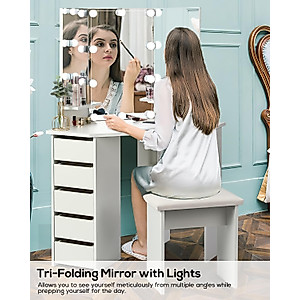 VOWNER Vanity Desk with Mirror and Lights - Vanity with 3 Lighting Options, Adjustable Brightness, Vanity Set with 5 Sliding Drawers, Shelves and Vanity Stool, Corner Vanity for Women Girls, White 43"