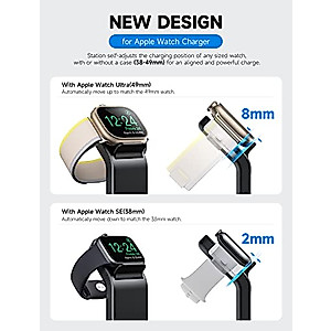 RJR Updated 3 in 1 Charging Station for Apple Devices, Self Adjusting Charging Dock for iWatch 8 7 6 SE 5 4 3 2 1, Built-in Charger Stand for iPhone Series AirPods Gifts (with 15W Adapter) Black