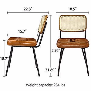 Art Leon Rattan Dining Chairs, Set of 2, Rubber Wood Frame, Mid Century Modern Dining Room Chairs with Rattan Woven Back, Faux Leather Upholstered Kitchen Chairs with Black Metal Legs, Yellow Brown