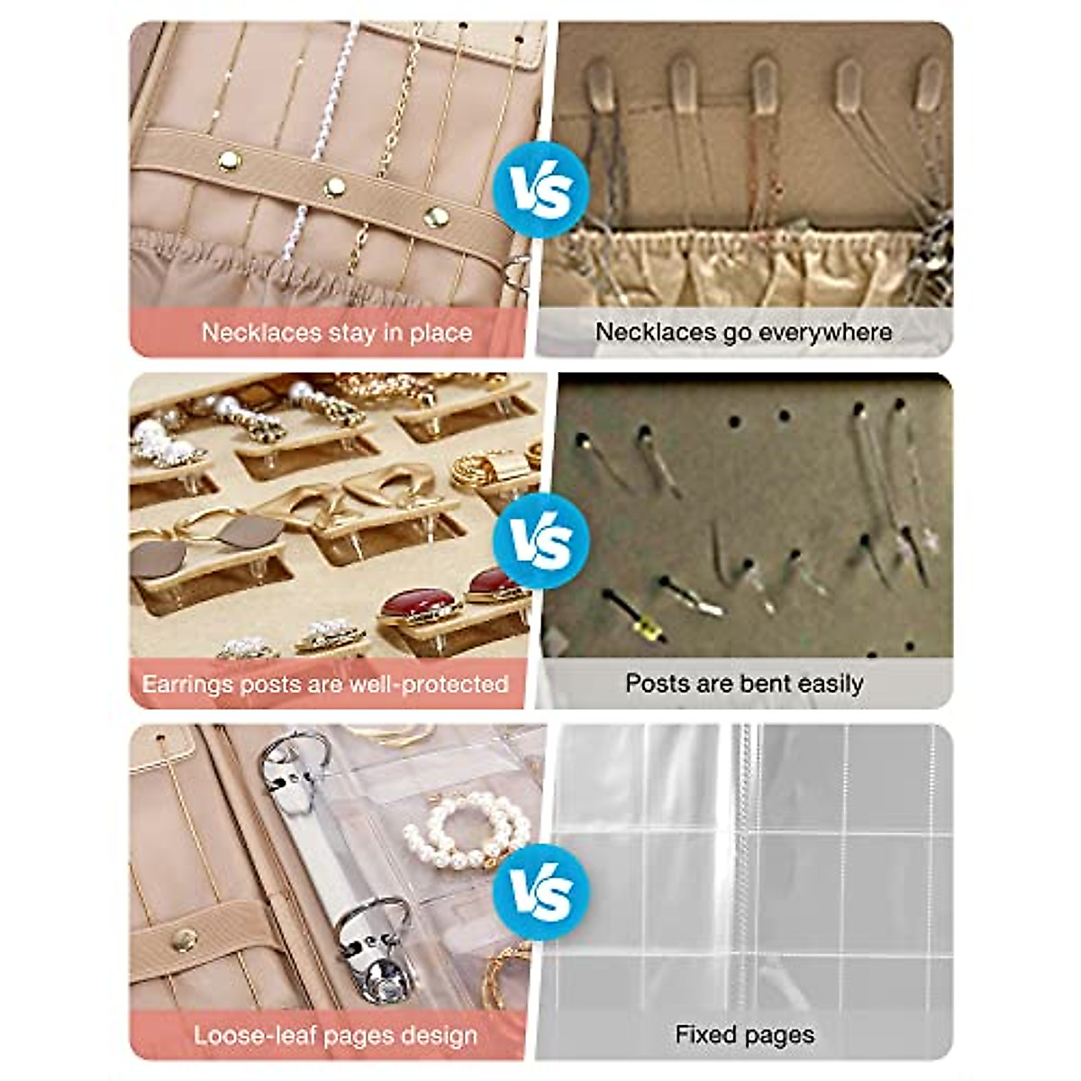 BAGSMART Jewelry Travel Organizer Case for Home Jewelry Organizer Storage Ring Binder Clear Bags Zipper Rolls Pouch for Necklaces, Earrings, Rings, Bracelets, Grey