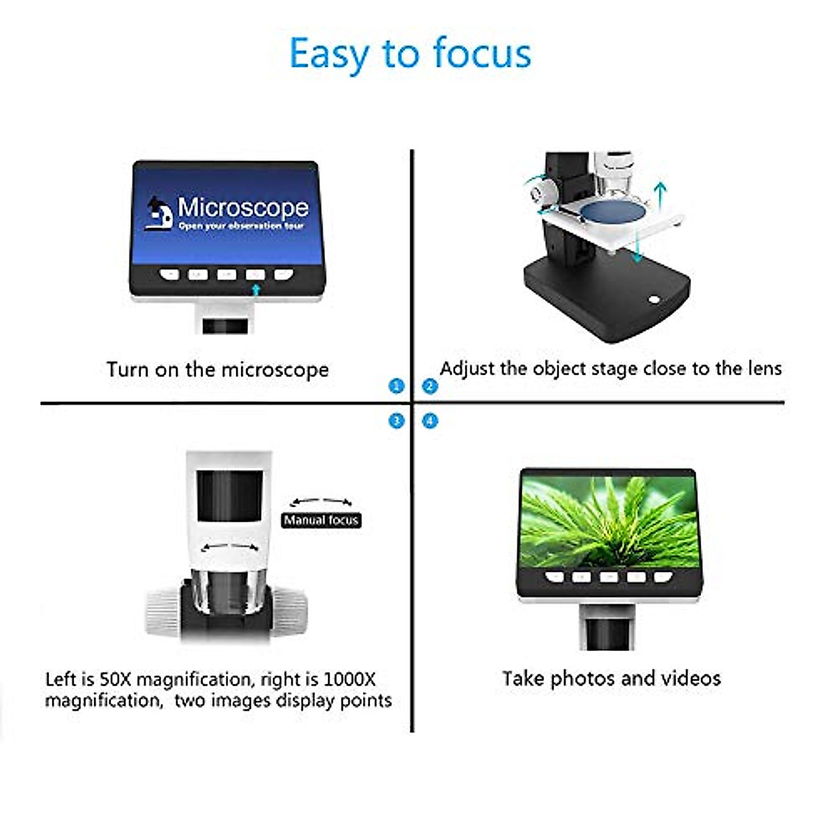 LCD Digital Microscope, YINAMA 4.3 Inch 50X-1000X Magnification 1080P Compound Handheld Microscopes Camera with Rechargeable Battery Mini Hdmi Port 8 LED Lights Slides