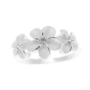 Arthur's Jewelry Sterling silver 925 3 Hawaiian plumeria flower ring clear cz size 8